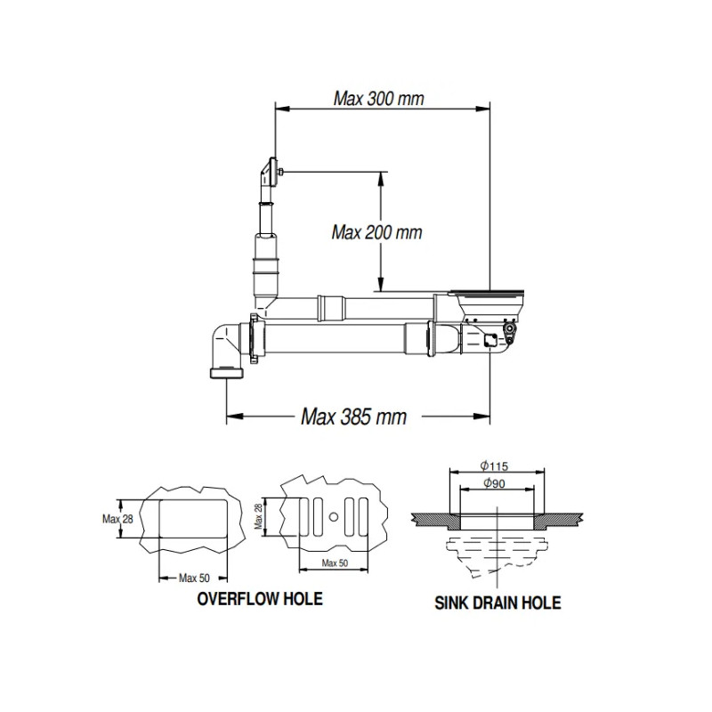 Space-saving automatic sink drain with rectangular overflow and chrome ...