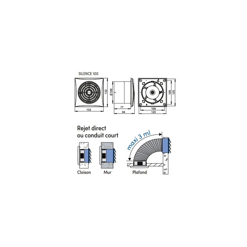 Extra flat wall mounted extractor, silent, 100mm standard 102m3/h