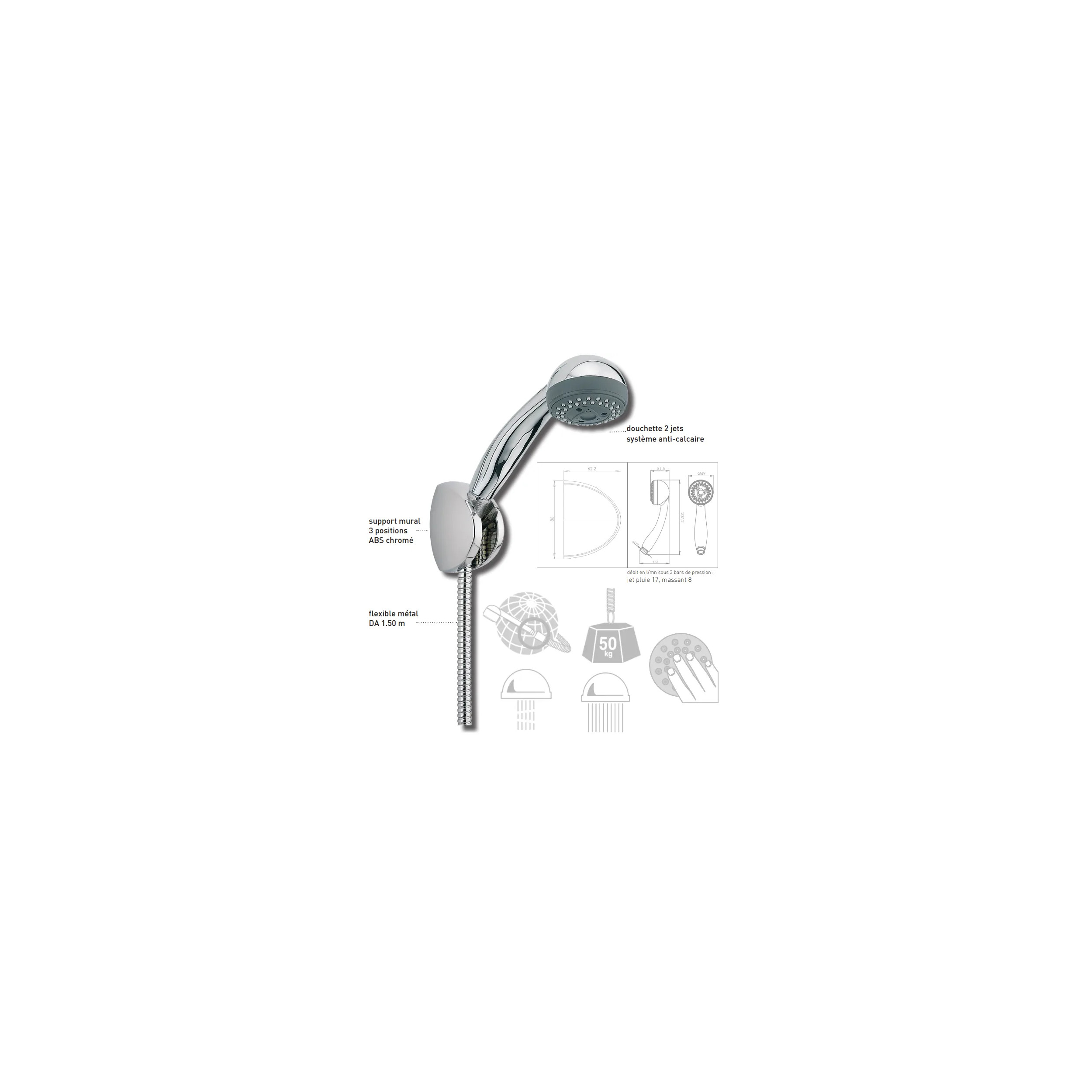 Kit douchette, pommeau 2 jets, VALENTIN 98370000000