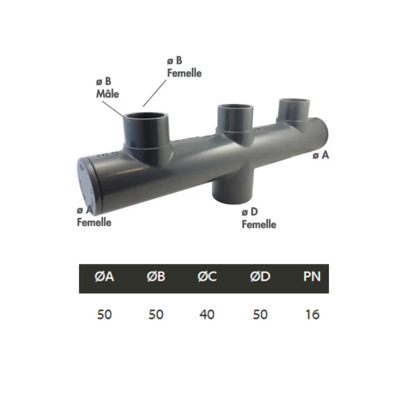 Pool manifold with 3 male outlets 50 mm, female inlet 50 mm