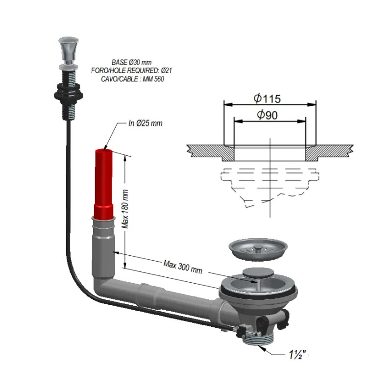 Automatic cable sink drain with vertical overflow