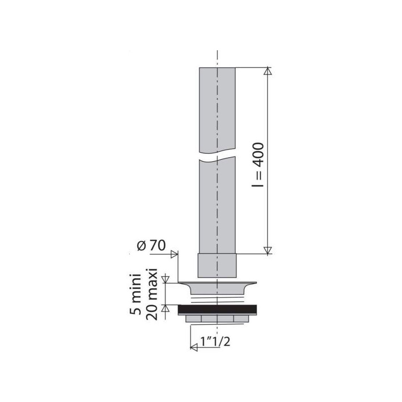 Overflow tube for sink, D. 50 mm, depth of seal 400 mm, chrome-plated brass