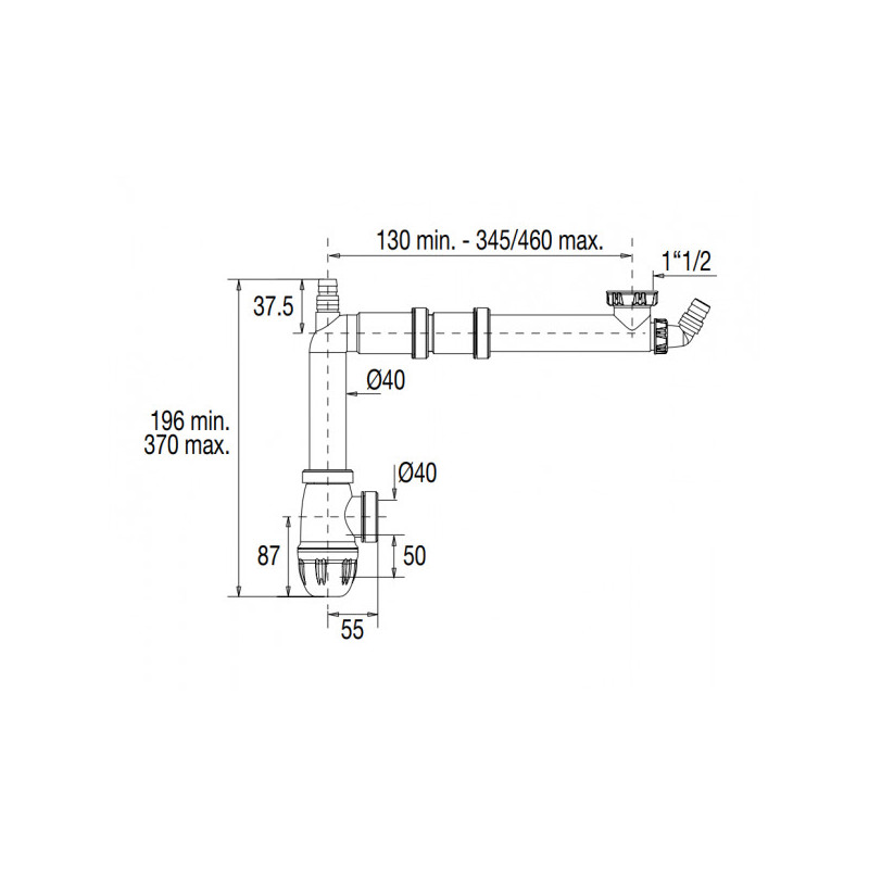 Space-saving 1-bowl sink drain with siphon and washing machine socket