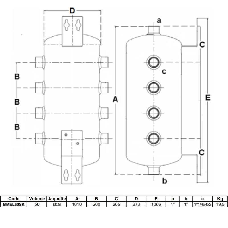 Wall-mounted 50 L steel mixing and buffer tank, 8 x 1"1/4 connections ...