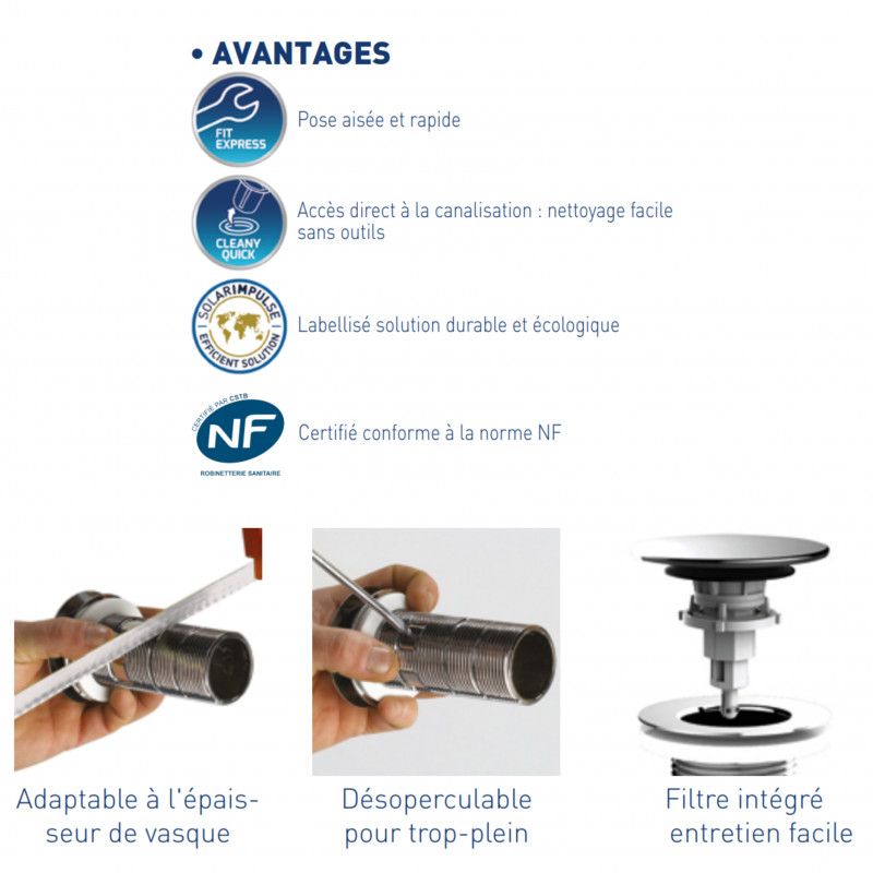 Bonde universelle chromée NF lavabo ou VALENTIN 12290000000